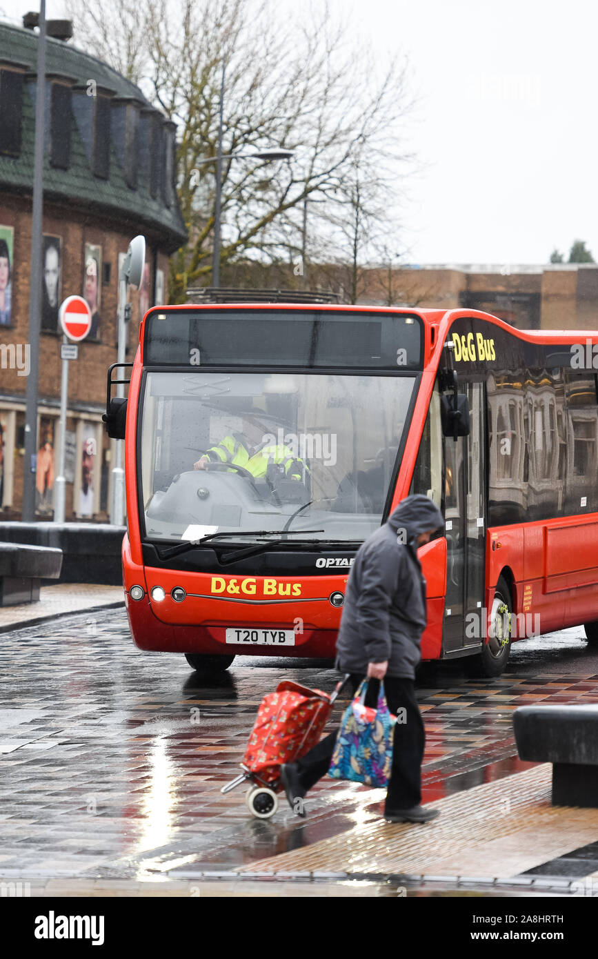 A public transport bus travels through Hanley, City centre, Stoke on ...
