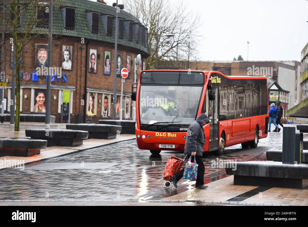 A public transport bus travels through Hanley, City centre, Stoke on ...