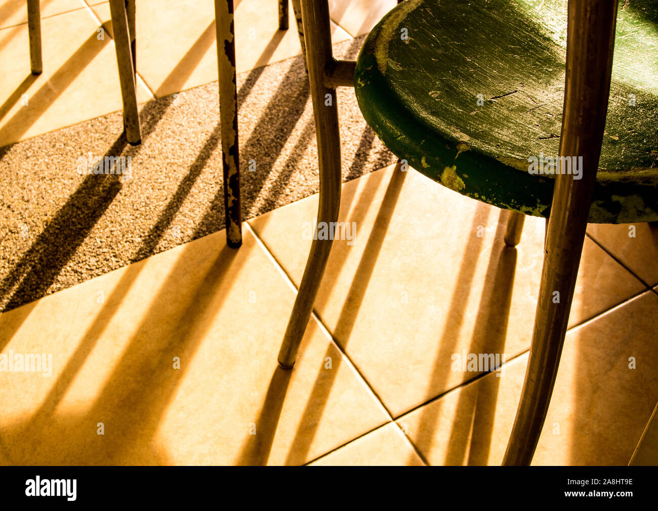 Rusty and old tables and chairs that nobody sit in the cafeteria Stock ...