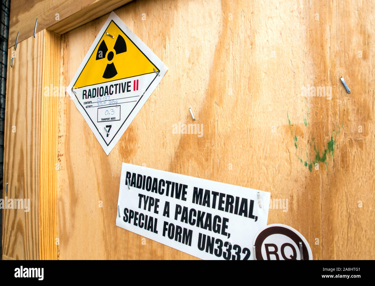 Radioactive material label beside the transportation wooden box Type A ...