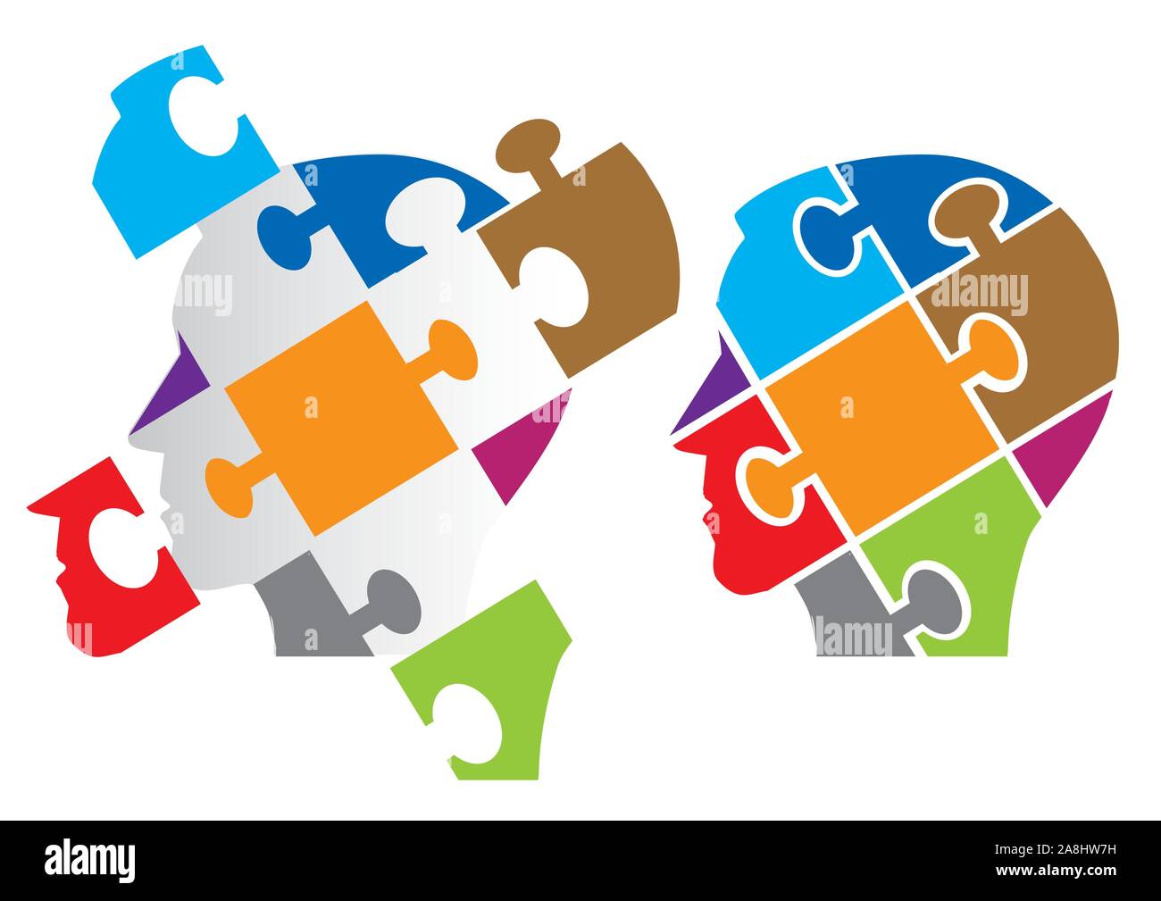 Puzzle male heads symbolizing Psychology. Two Puzzle heads silhouettes ...