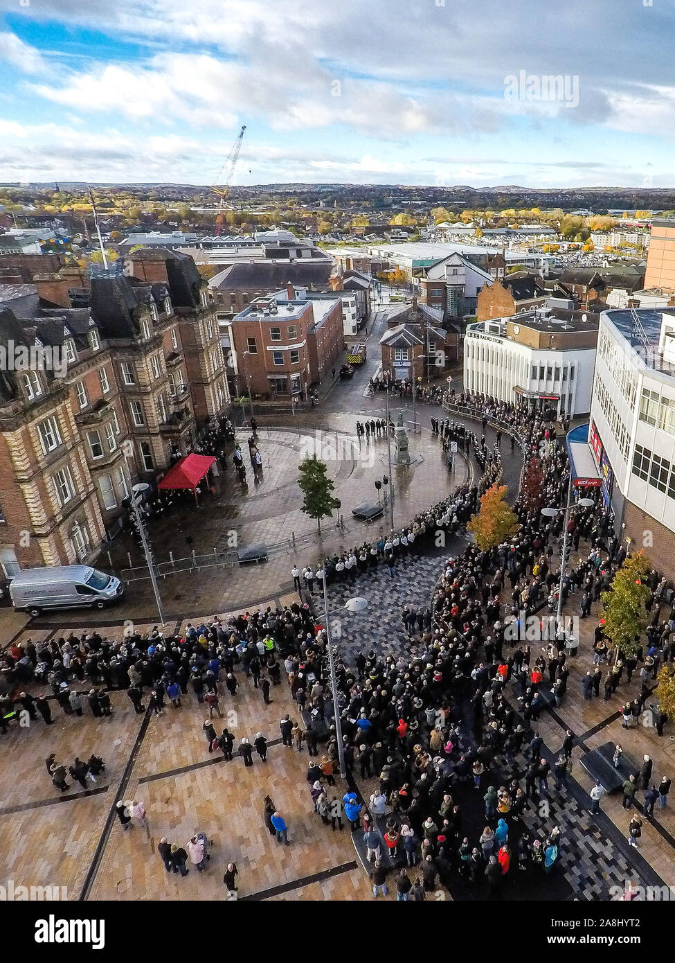 Aerial view of the 100 years Remembrance Day parade in Albion Square ...