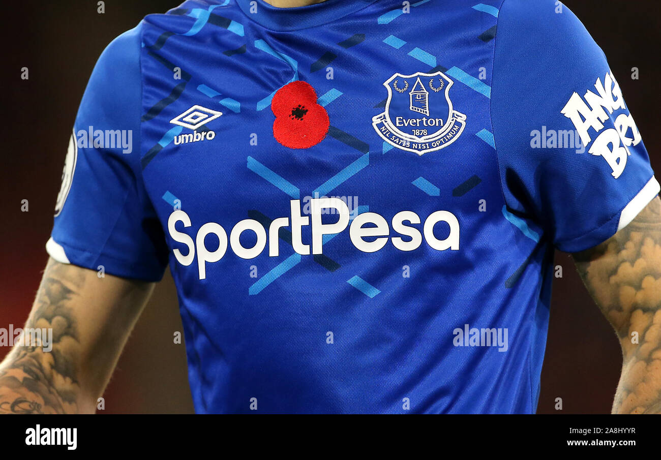Close up of a poppy embroidered on a Everton player during the Premier ...