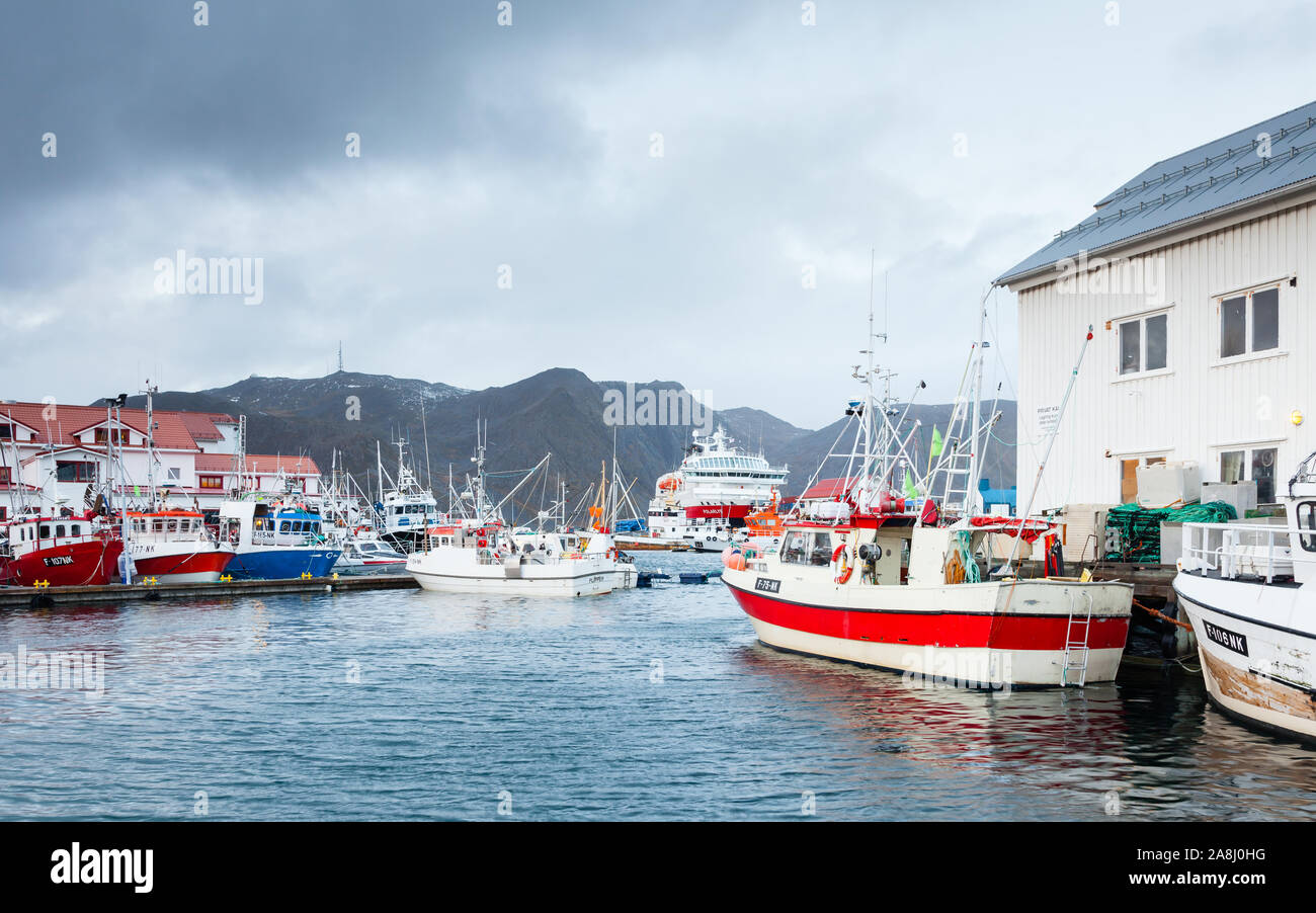 A view of boats moored in Honningsvag harbourz. Honningsvag is a port ...