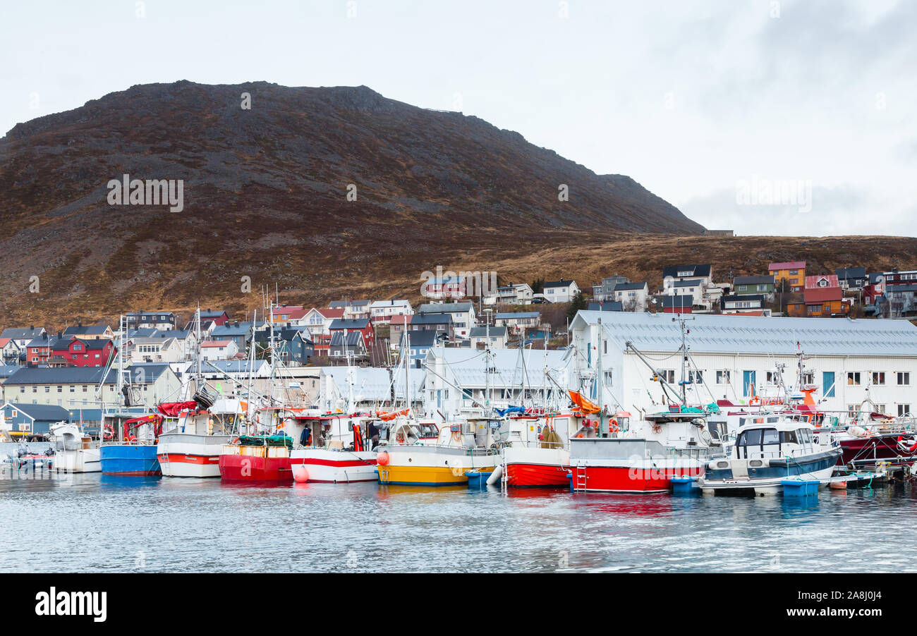 A view of boats moored in Honningsvag harbourz. Honningsvag is a port ...