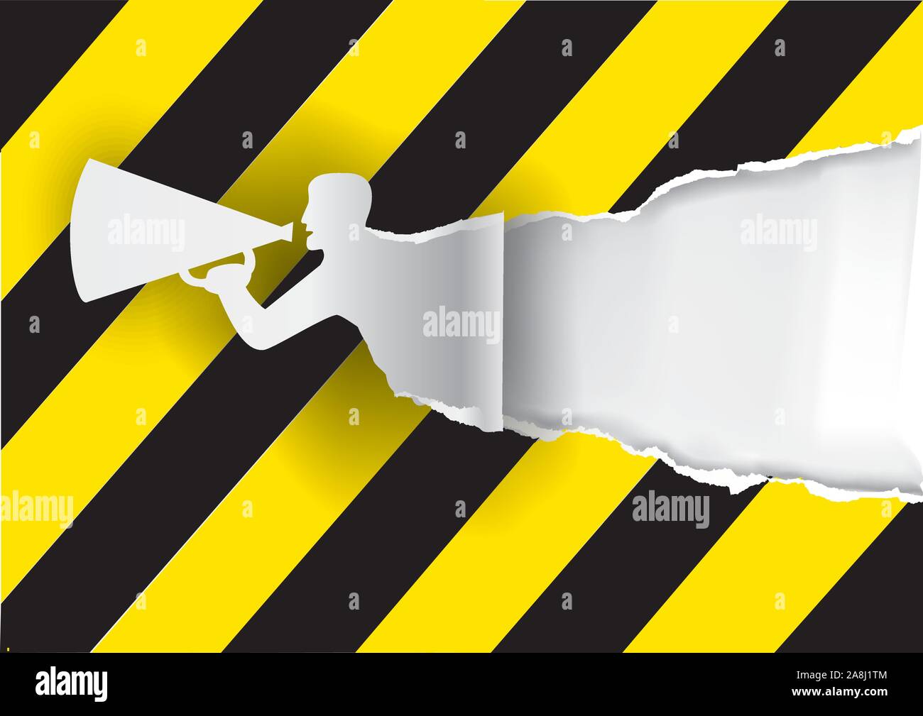 Paper Man with megaphone tearing paper. Under construction background ...