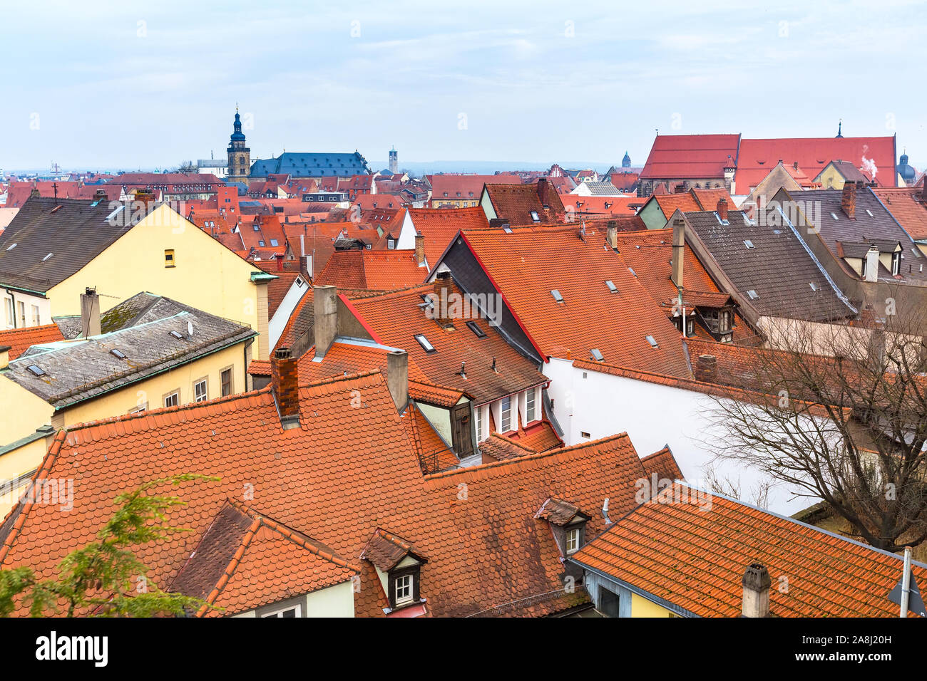 Bamberg city center aerial view with half-timbered colorful houses ...