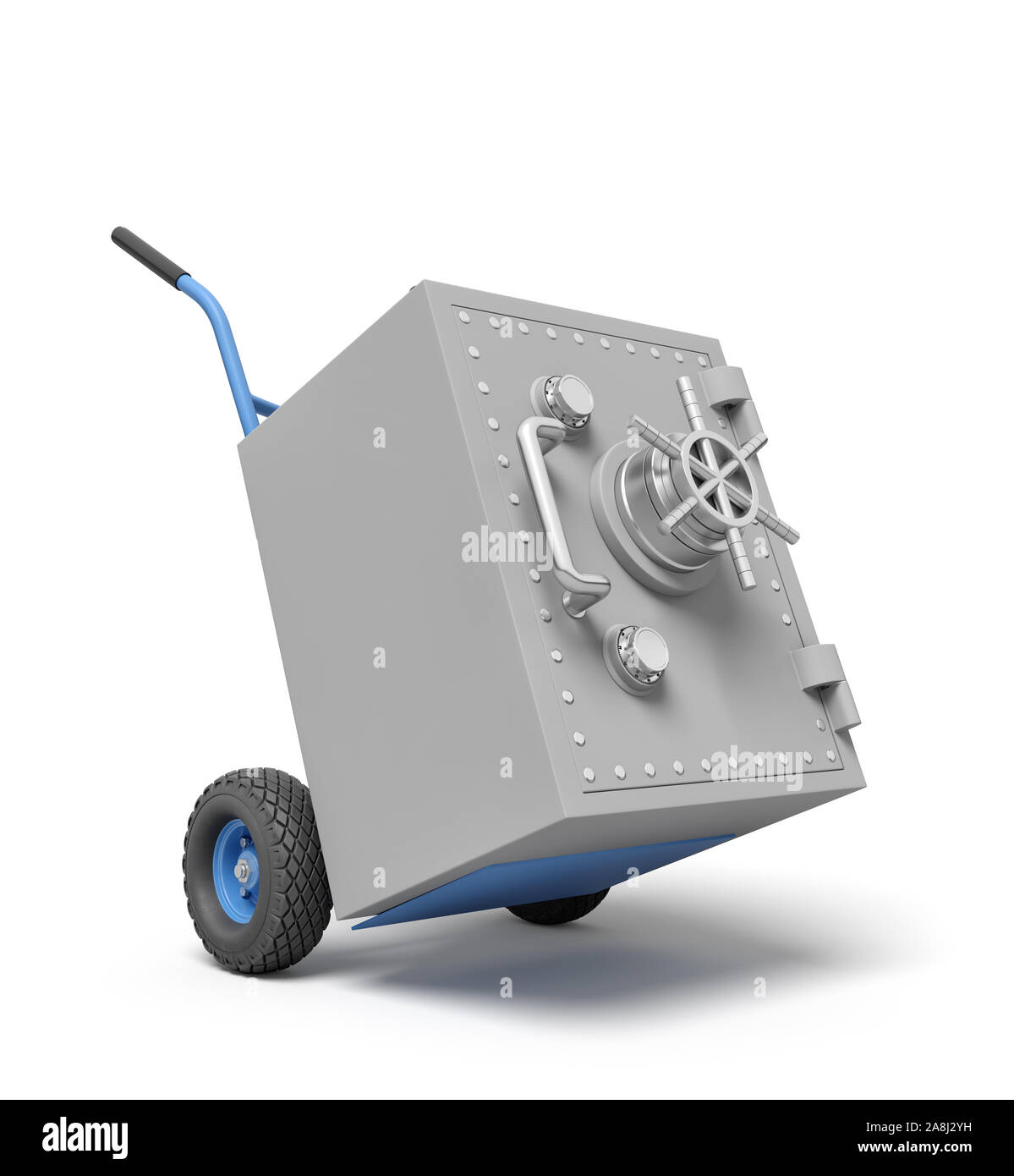 3d rendering of big light-grey metal safe on blue hand truck. Saving ...