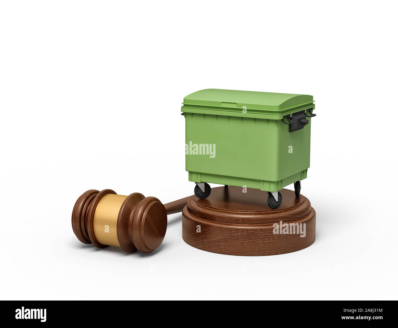 3d rendering of green trash bin on round wooden block and brown wooden ...