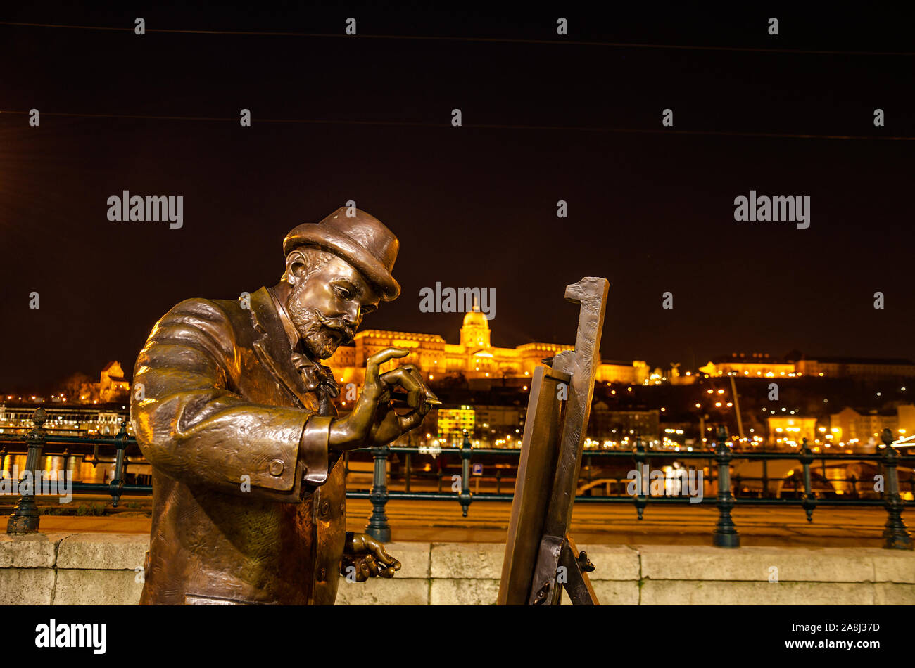 Roskovics Ignac Statue at night. The statue is located in Budapest at ...