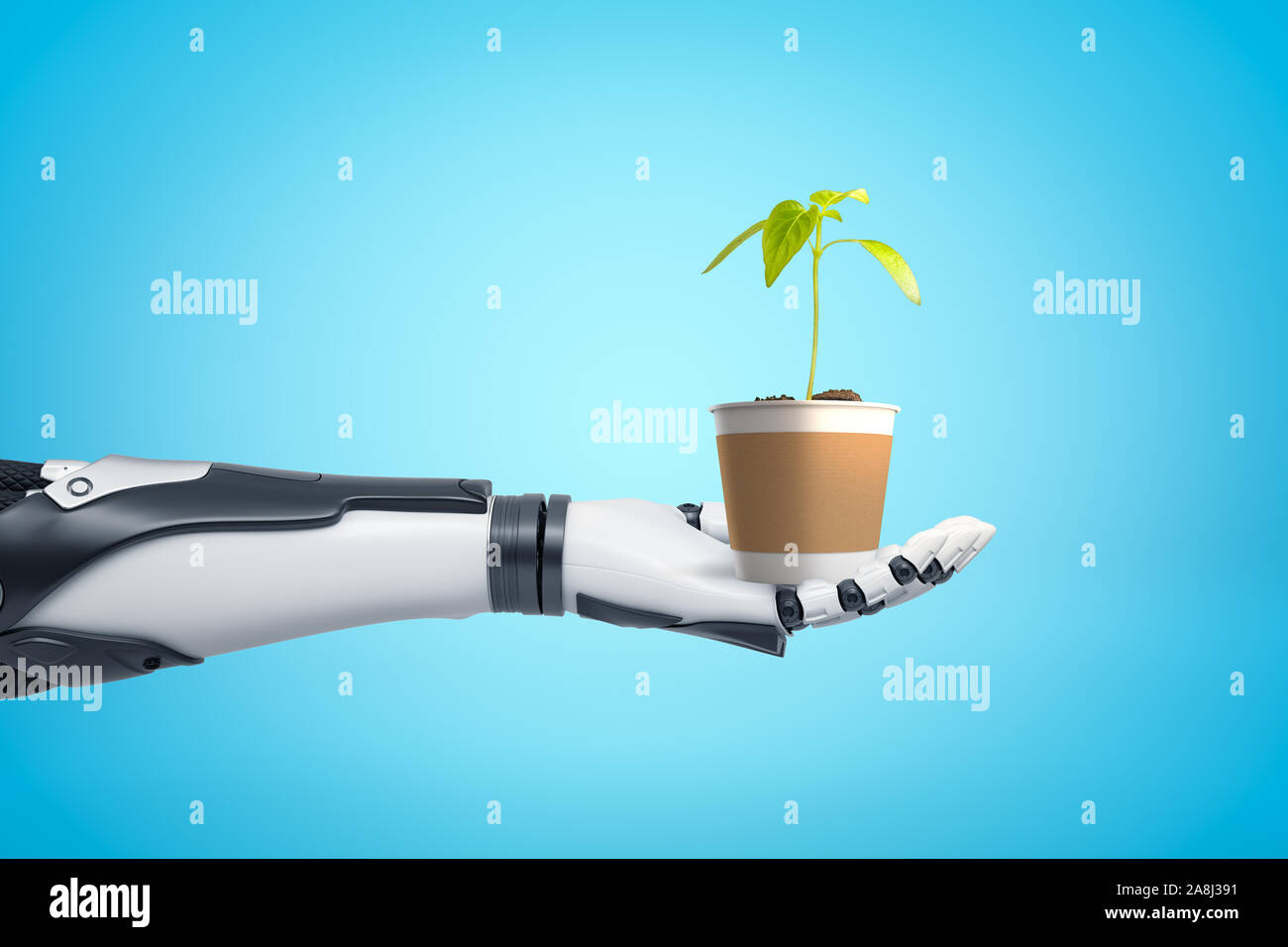 Robotic hand holding flower pot with new green sprout on blue ...