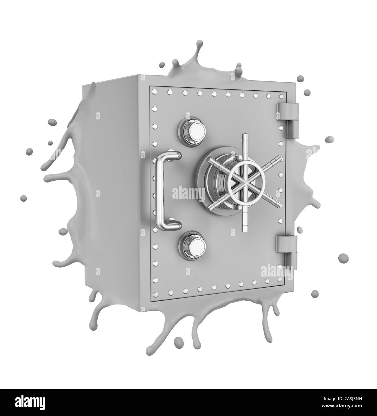 3d close-up rendering of light grey melting metal safe isolated on ...
