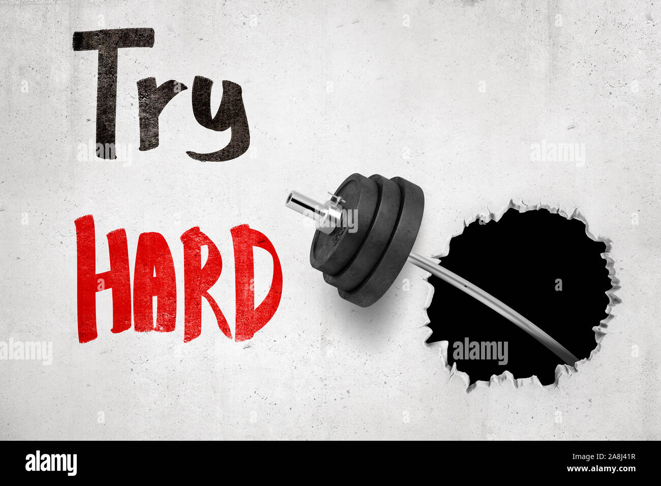 3d rendering of metal training bar-bell breaking white wall with 'Try ...