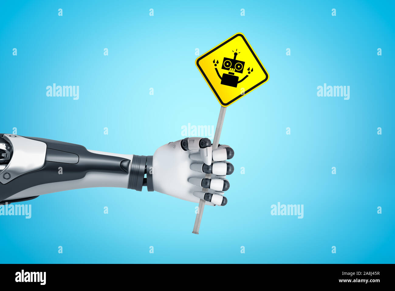 Robotic hand holding yellow robot road sign on blue background Stock ...