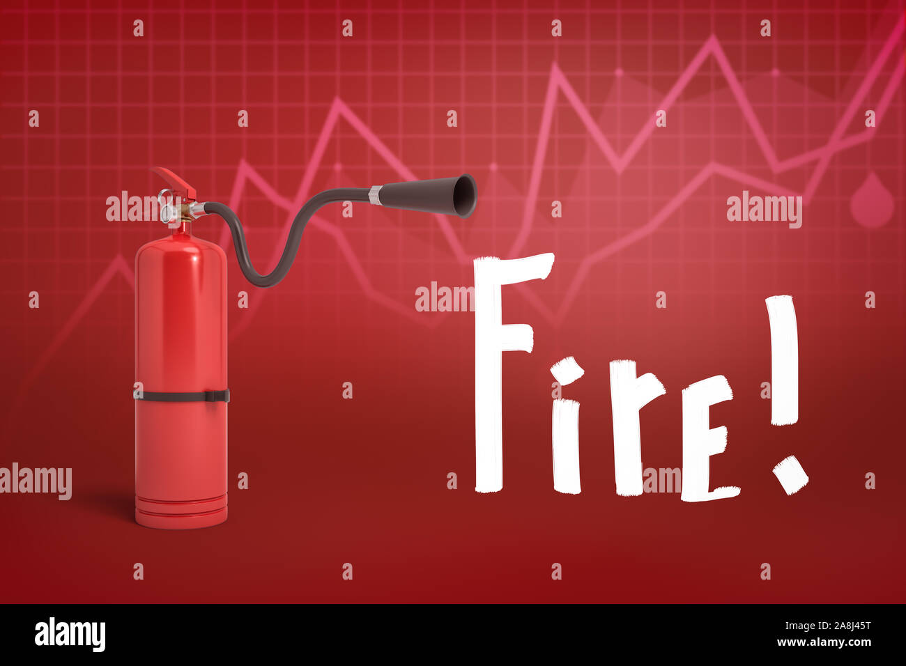 3d rendering of red foam fire extinguisher with 'Fire' sign on red ...