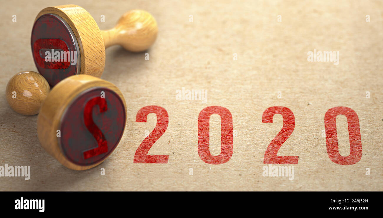 Rubber stamp and 2020 New Year on a craft paper background. 3d ...