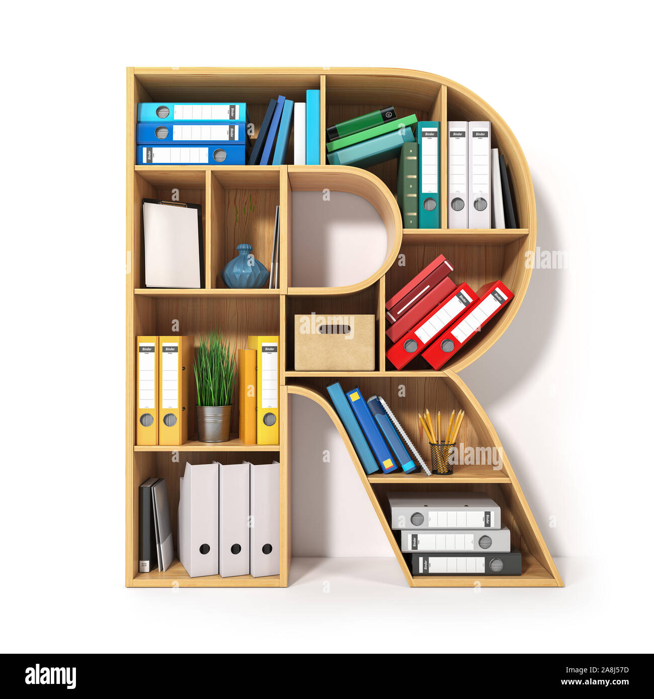Letter R. Alphabet in the form of shelves with file folder, binders and ...