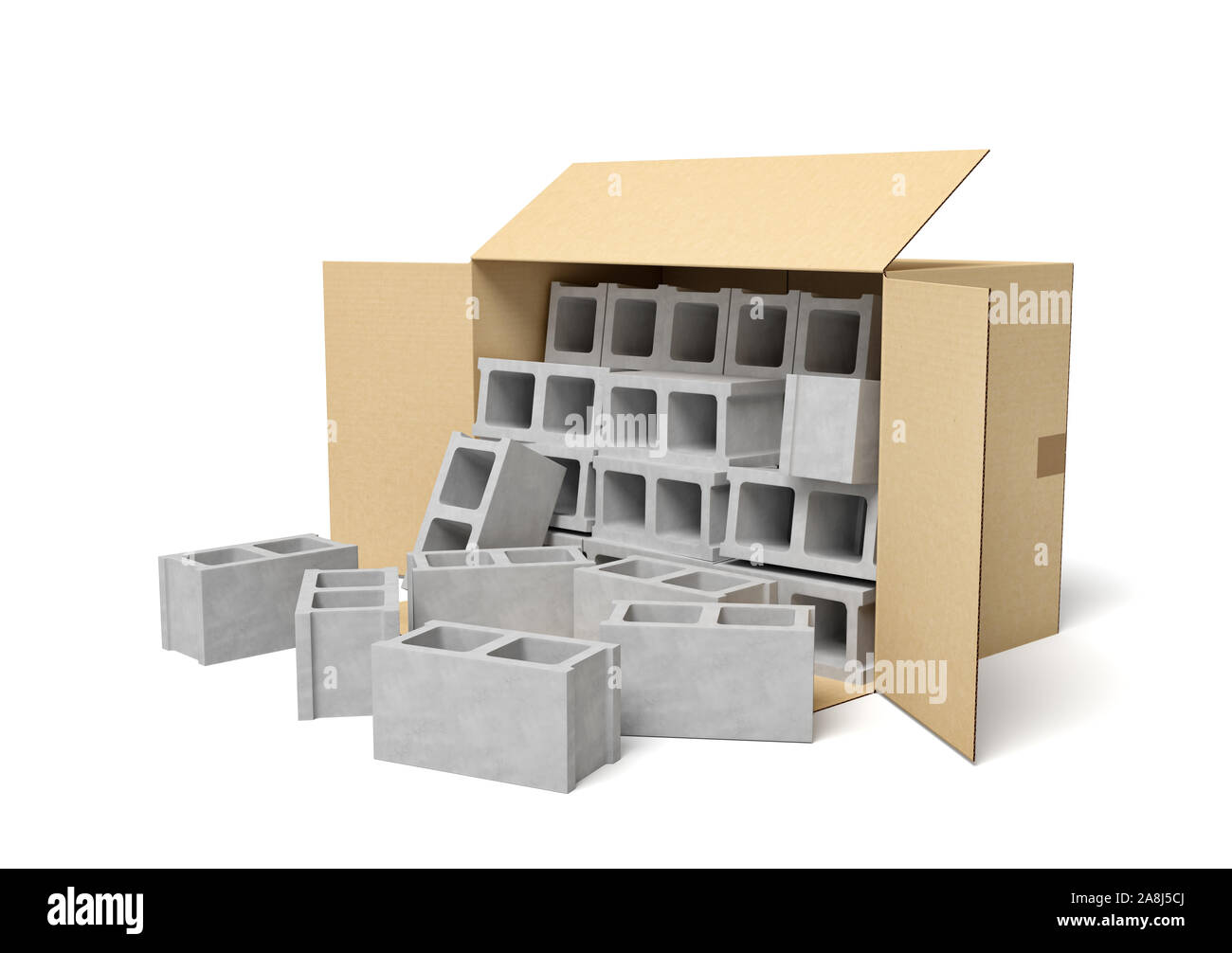 3d rendering of cardboard box lying sidelong with gray hollow bricks ...