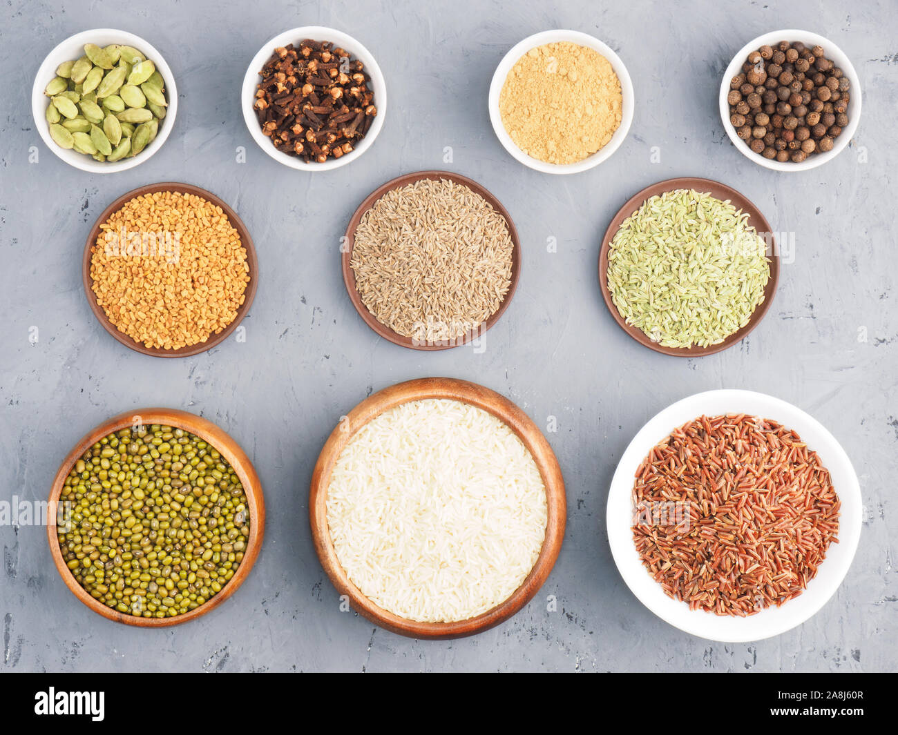 White rice, brown rice, mung bean, green cardamom, allspice, cumin ...