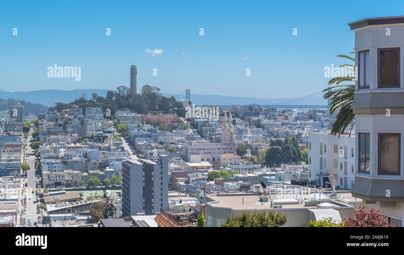 San Francisco, typical colorful houses in Telegraph Hill, sloping ...