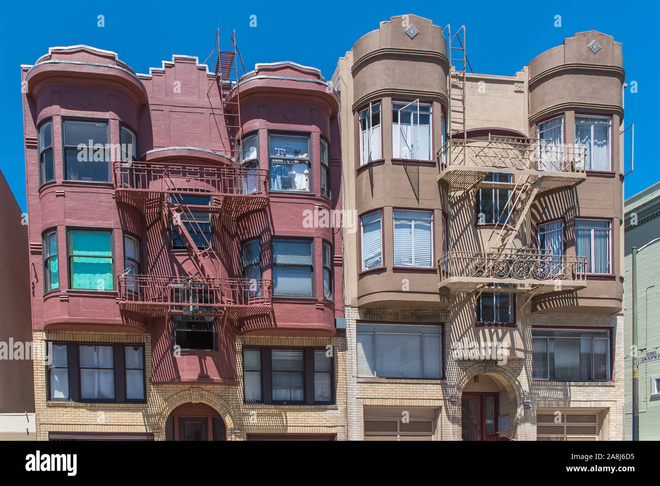 San Francisco, typical colorful houses in Telegraph Hill, sloping ...