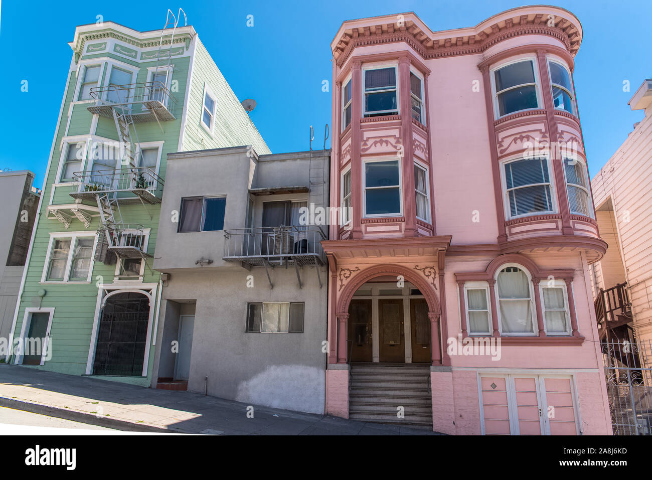 San Francisco, typical colorful houses in Telegraph Hill, sloping ...