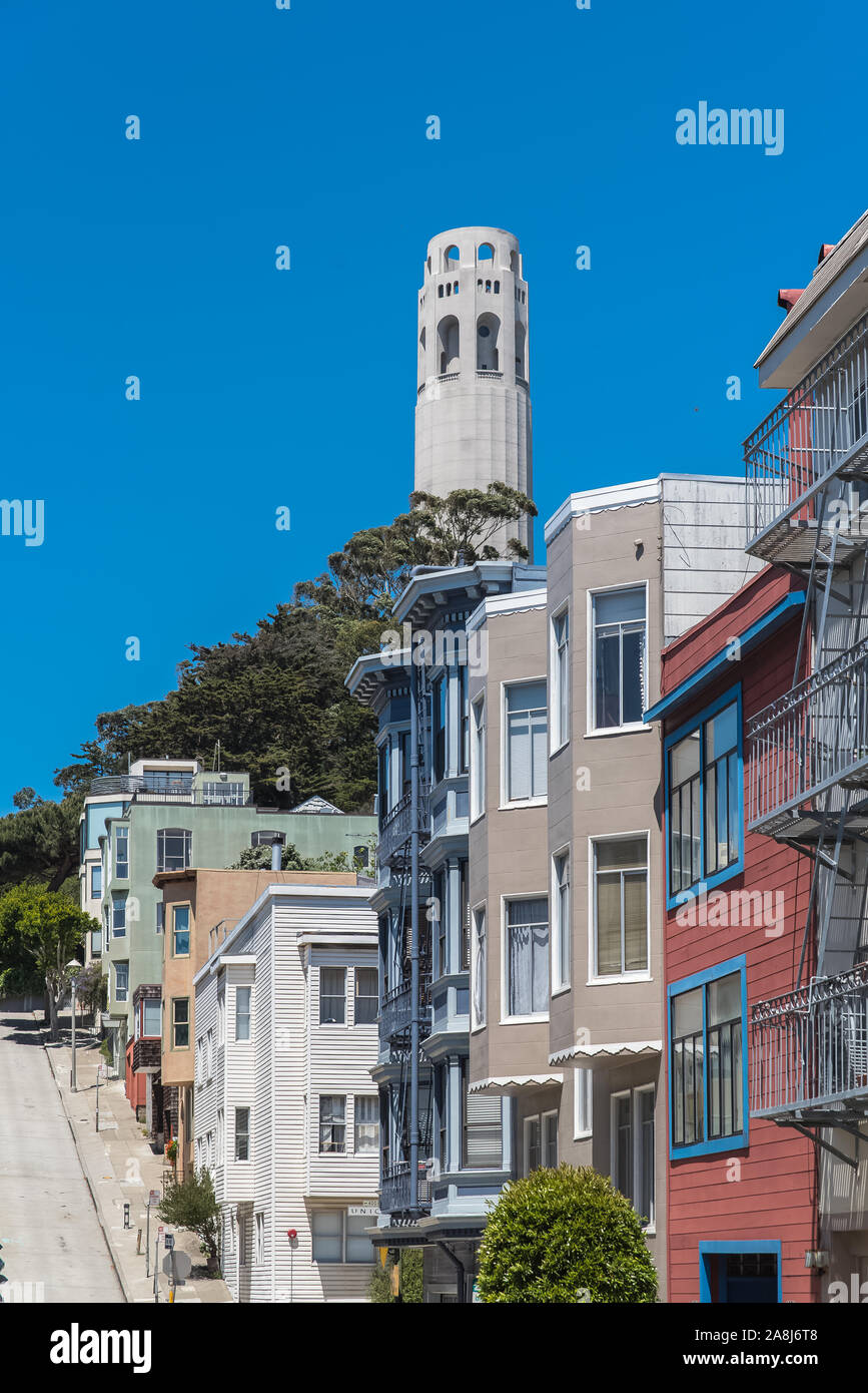 San Francisco, typical colorful houses in Telegraph Hill, sloping ...