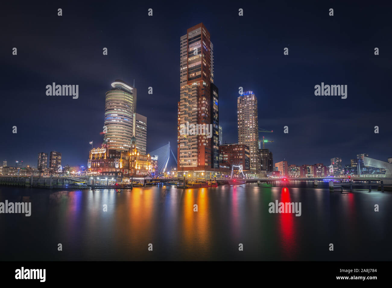Rotterdam at night. Skyline and city lighs. Erasmus bridge and the ...