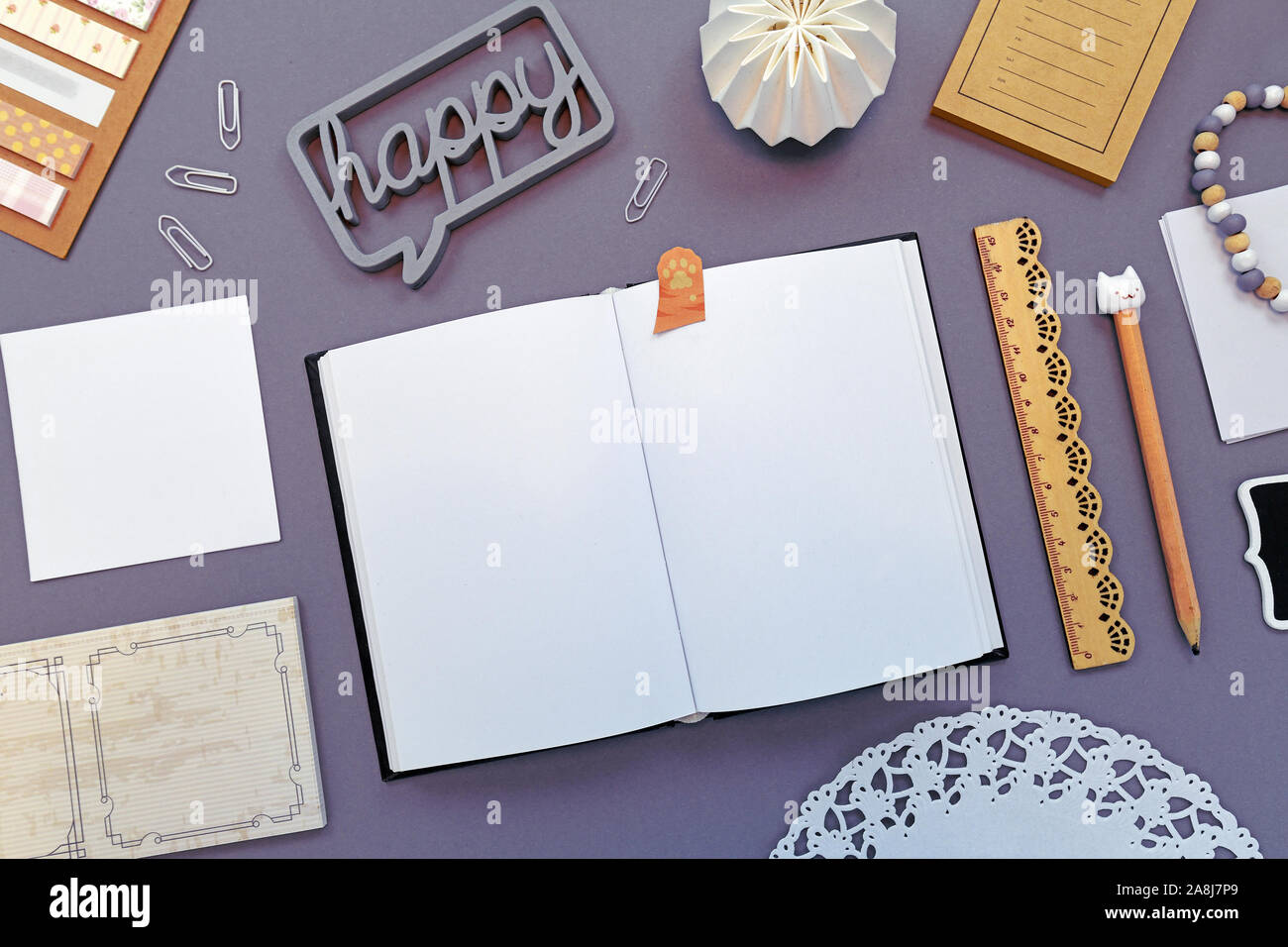 Top view flat lay with various neatly arranged desk with office ...