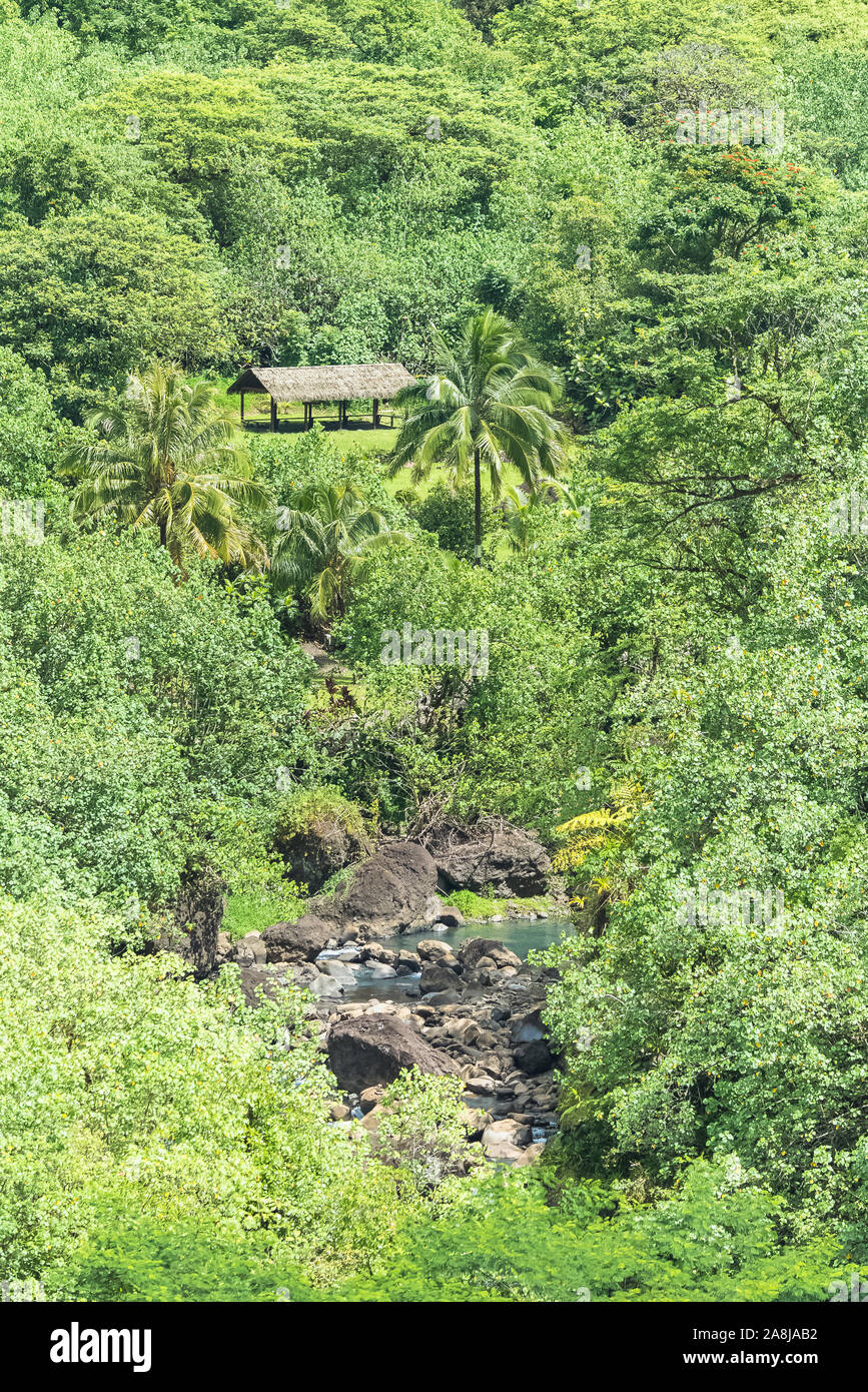 Tahiti in French Polynesia, Papenoo valley in the mountains, wooden ...