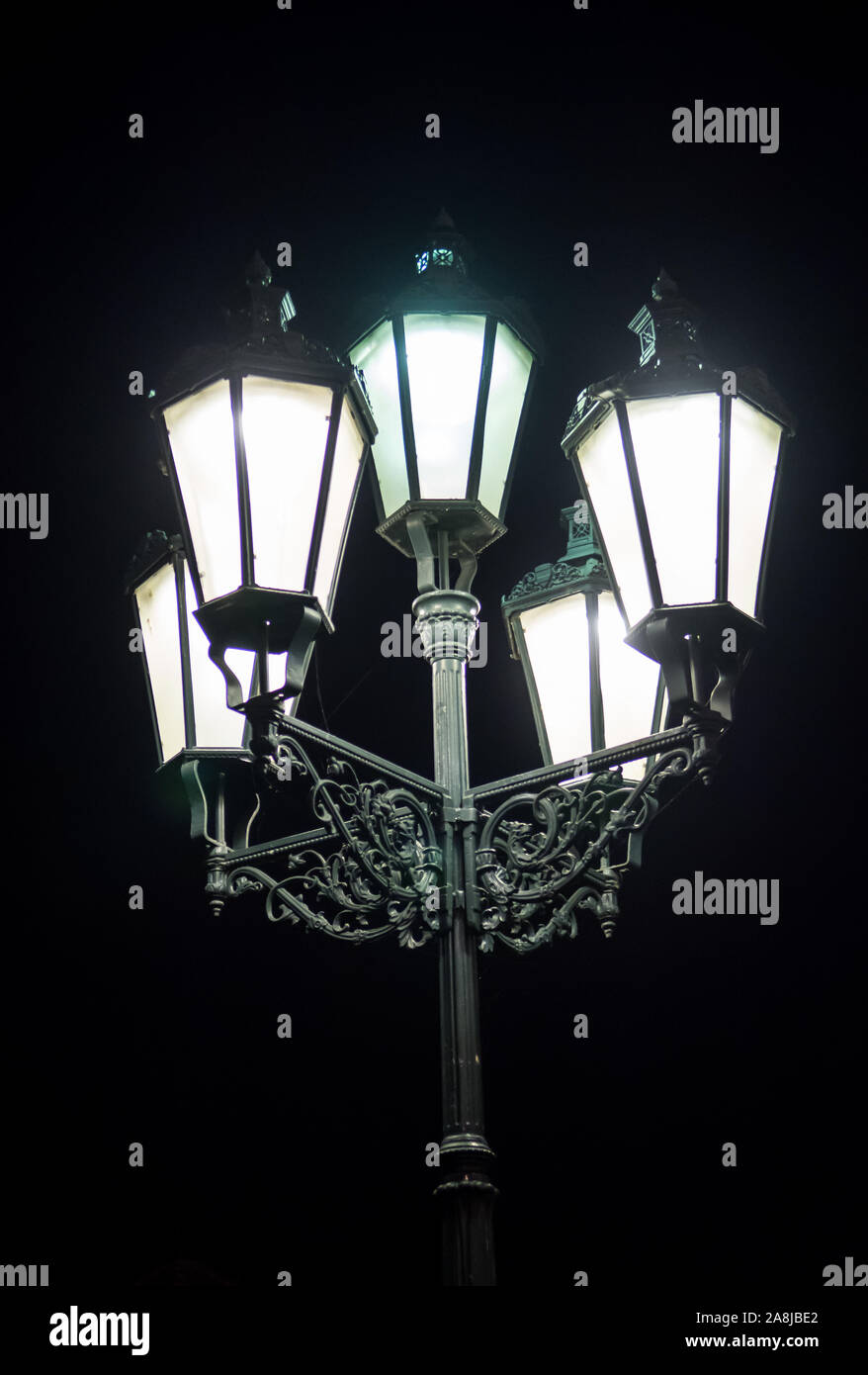Vintage Street Lamp Lantern With Bright White Light In The Night Stock ...