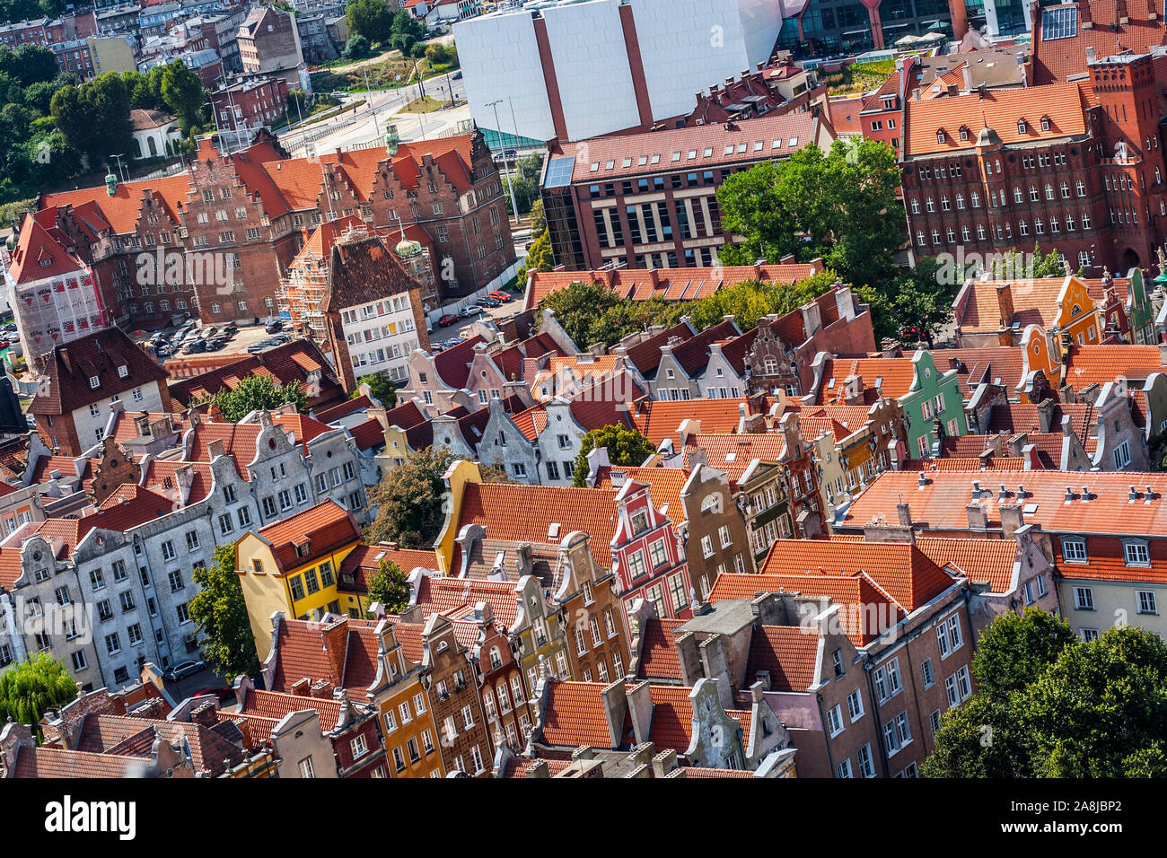 Aerial view of Gdansk Old Town from belltower of st. Mary's Basilica in ...