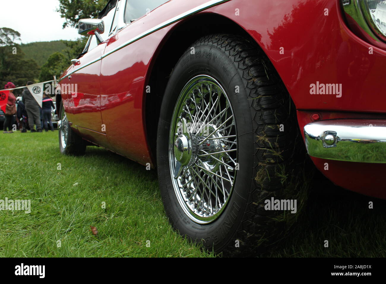 Front wheel of a MGB Roadster sports car, looking back along the side ...