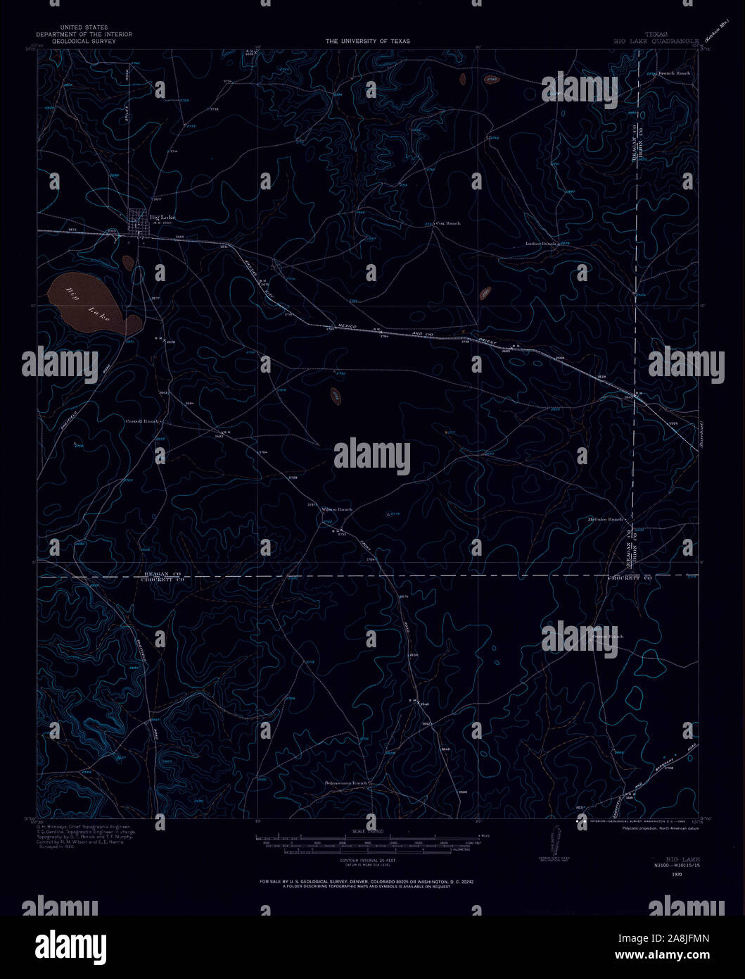 USGS TOPO Map Texas TX Big Lake 106370 1920 62500 Inverted Restoration ...