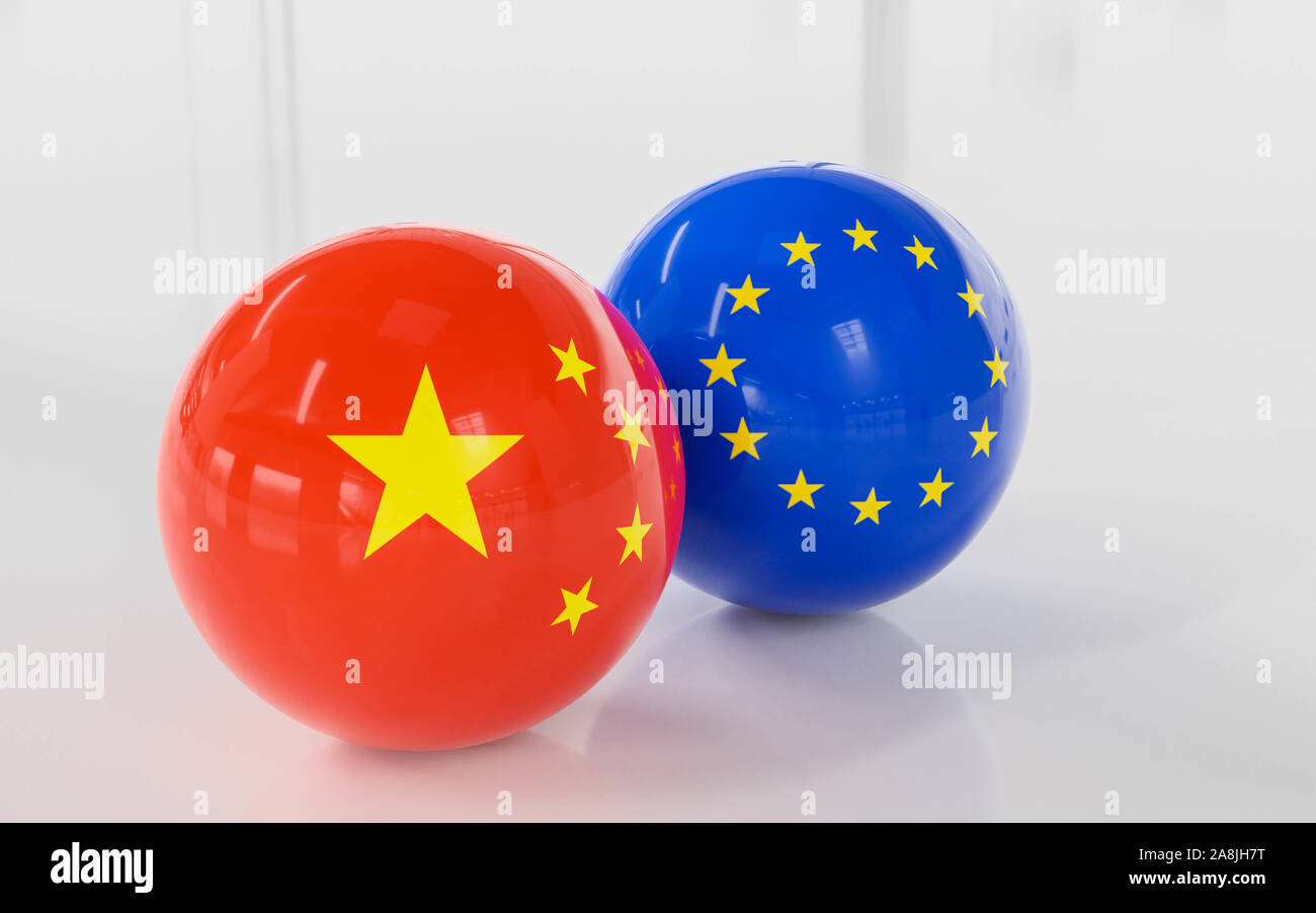 abstract Republic of China ROC flag and European Union flag on shiny ...