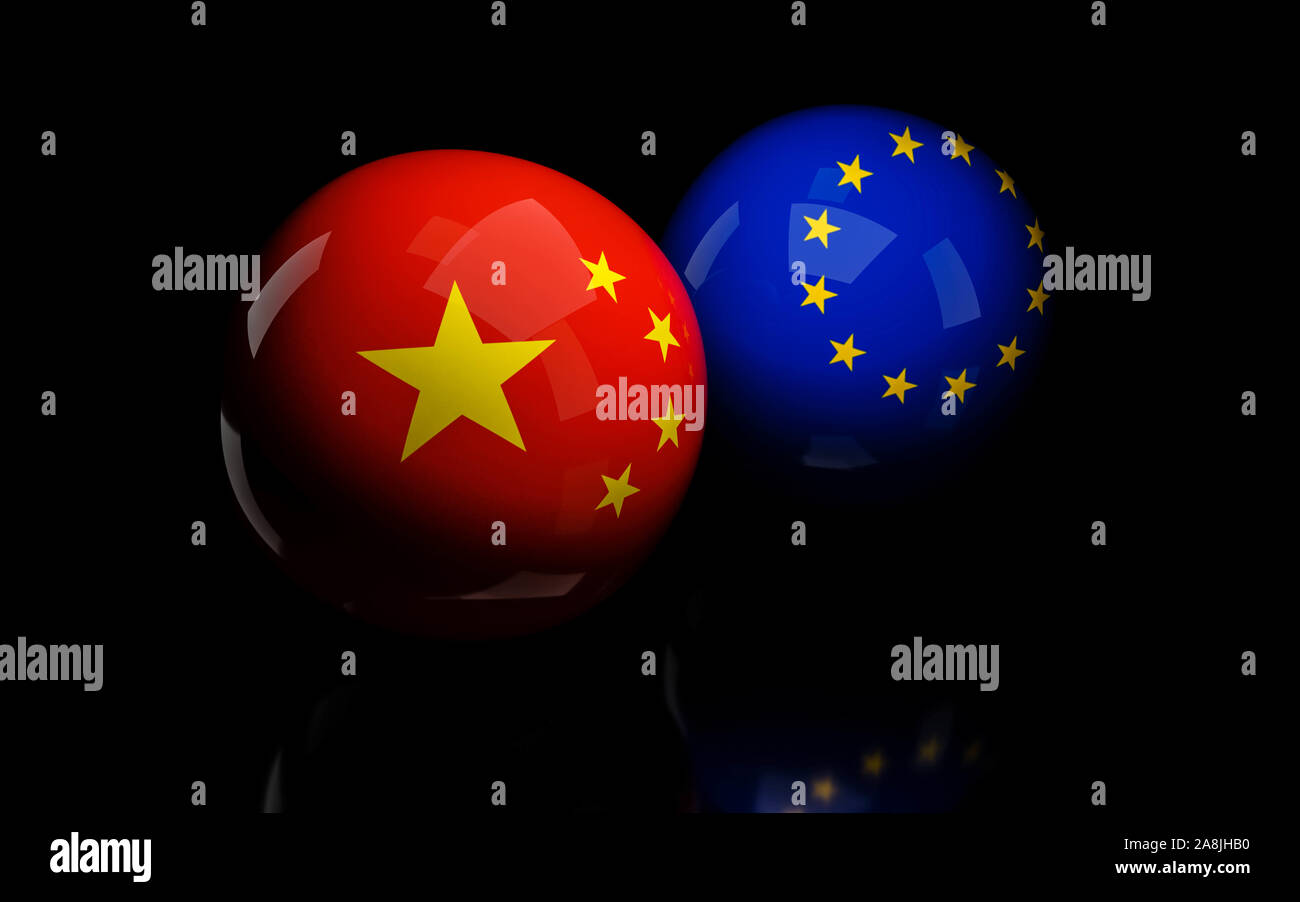 abstract Republic of China ROC flag and European Union flag on shiny ...