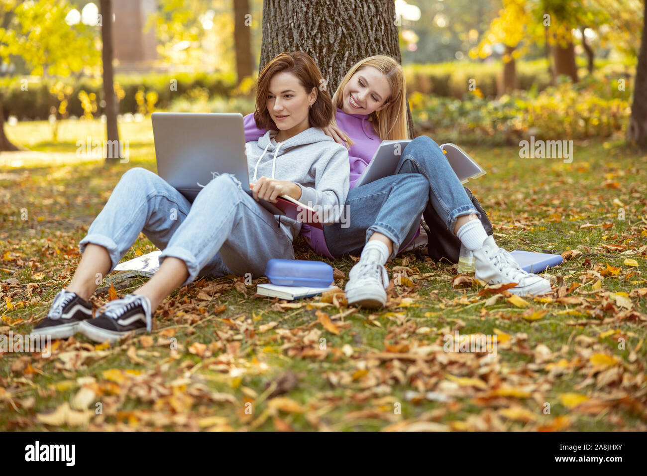 Two relaxed students leaning on tree while studying Stock Photo - Alamy