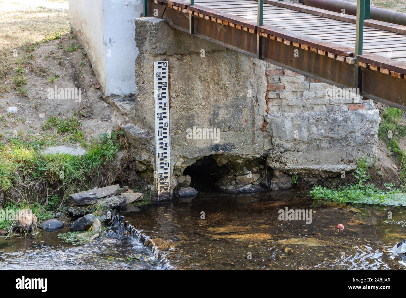 Scale of a river level under a bridge Stock Photo - Alamy