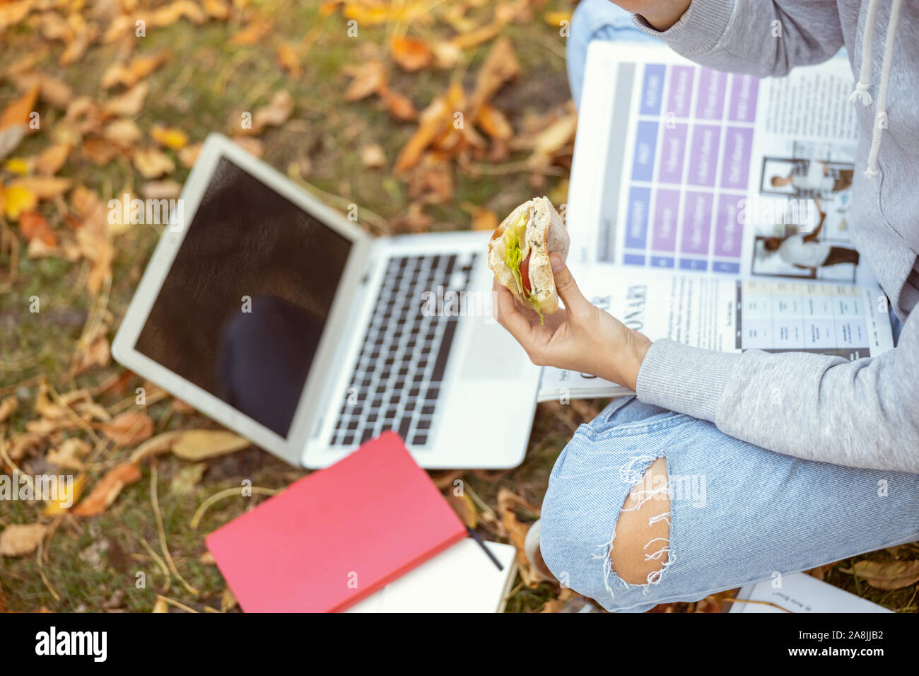 Focused photo on young woman that eating sandwich Stock Photo - Alamy