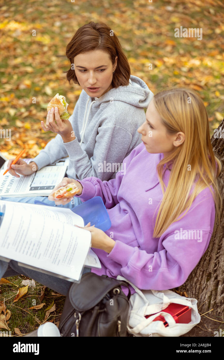 Attentive brunette girl listening to her friend Stock Photo - Alamy
