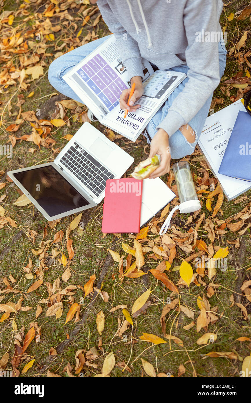 Top view of girl that studying during lunch Stock Photo - Alamy