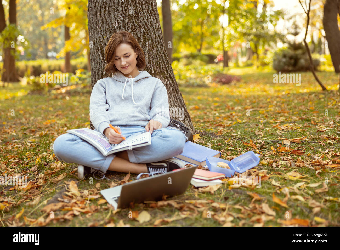 Relaxed brunette girl doing grammar tasks alone Stock Photo - Alamy