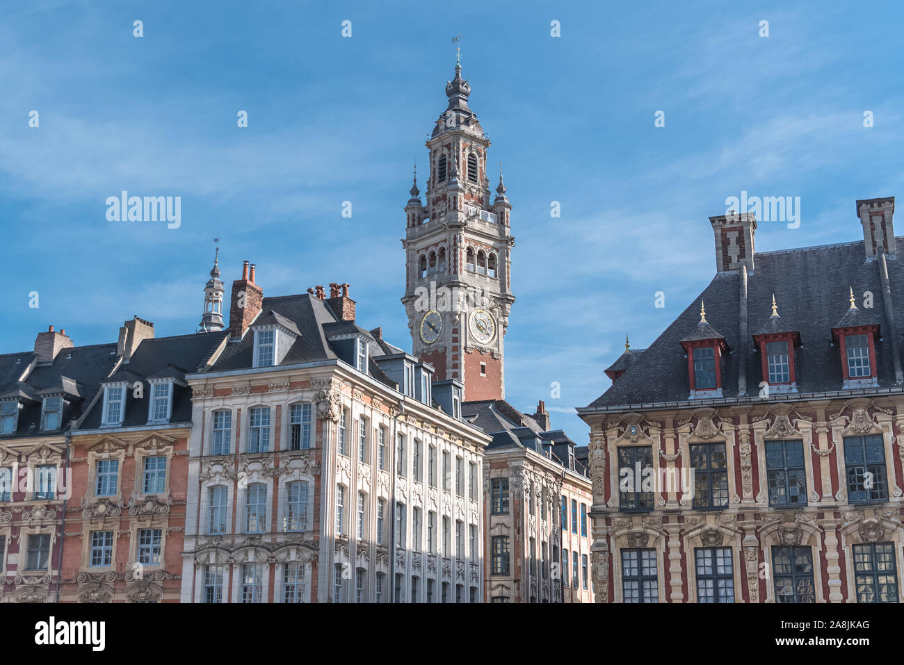 Lille, old facades in the center, the belfry of the Chambre de Commerce ...
