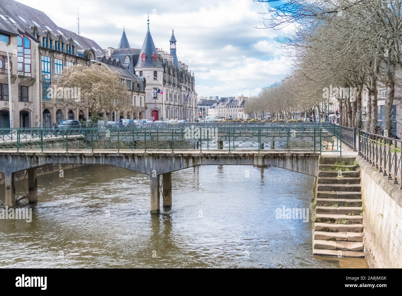 Quimper in Brittany, beautiful medieval city, footbridge on the river ...
