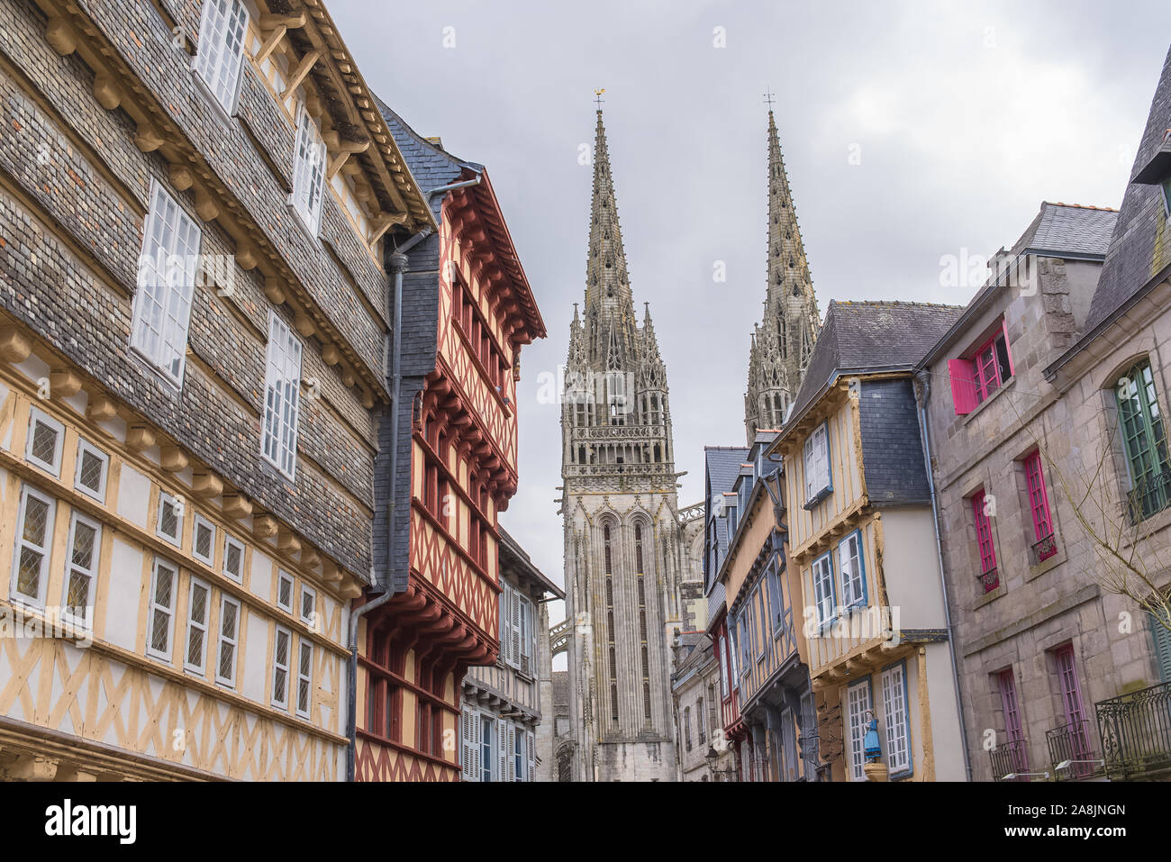 Quimper in Brittany, the Saint-Corentin cathedral in a beautiful ...