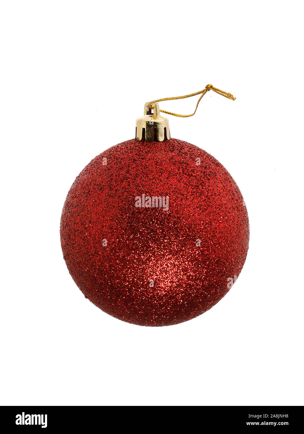 Red frosted Christmas tree ball with string isolated on white ...