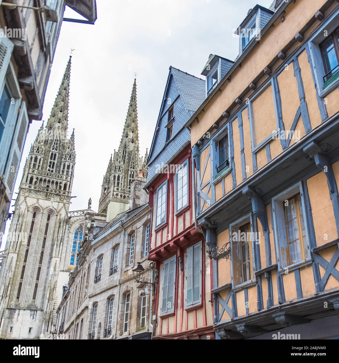 Quimper in Brittany, the Saint-Corentin cathedral in a beautiful ...