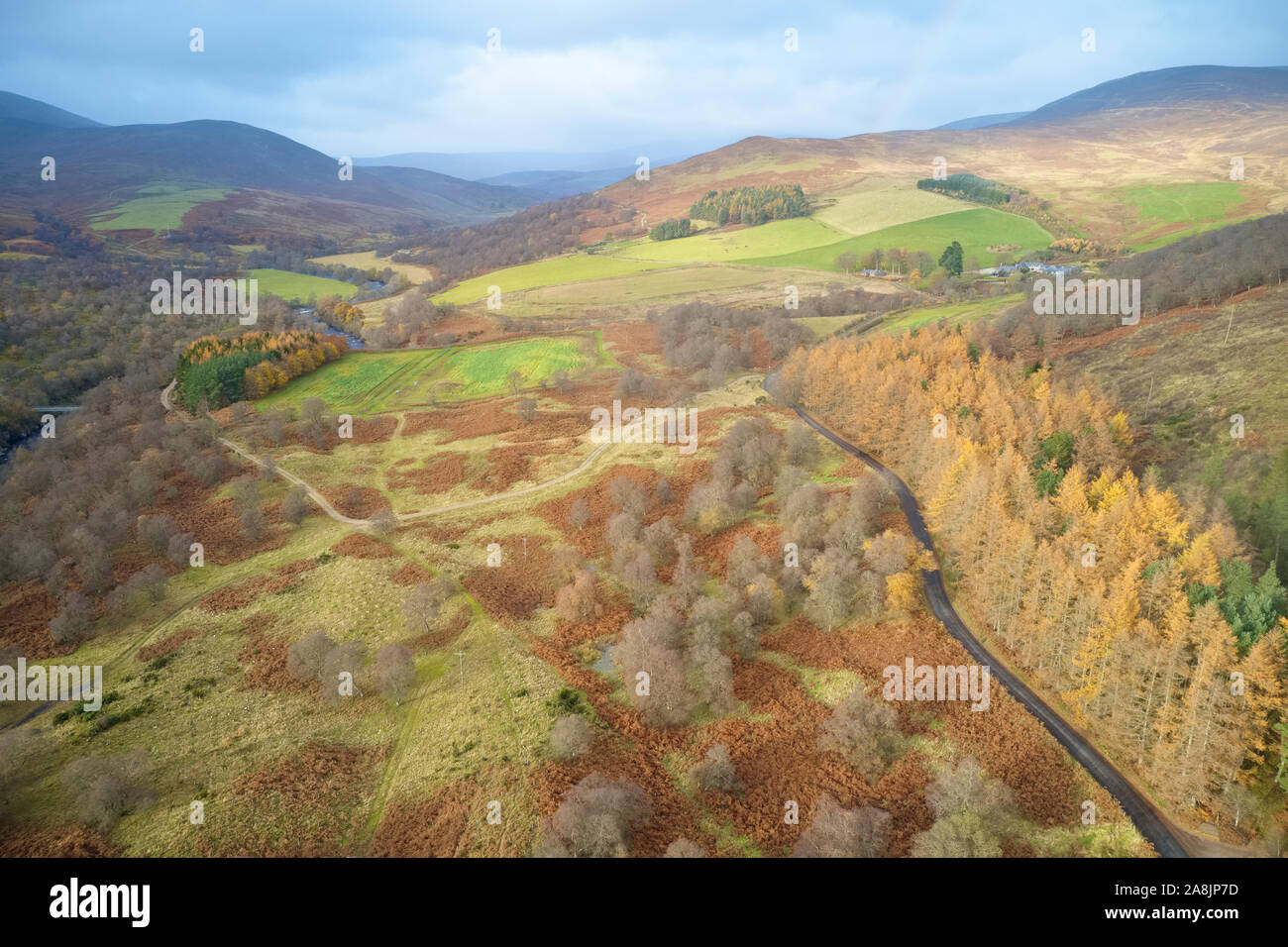 Glenesk landscape and road to Loch Lee in Angus Scotland during autumn ...