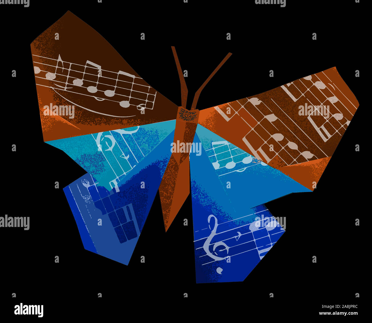 Paper butterfly with musical notes. Illustration of dark paper origami ...