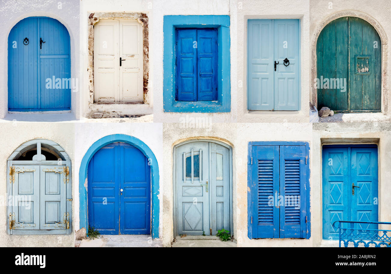 Set of blue and white doors on whitewashed buildings in Santorini ...